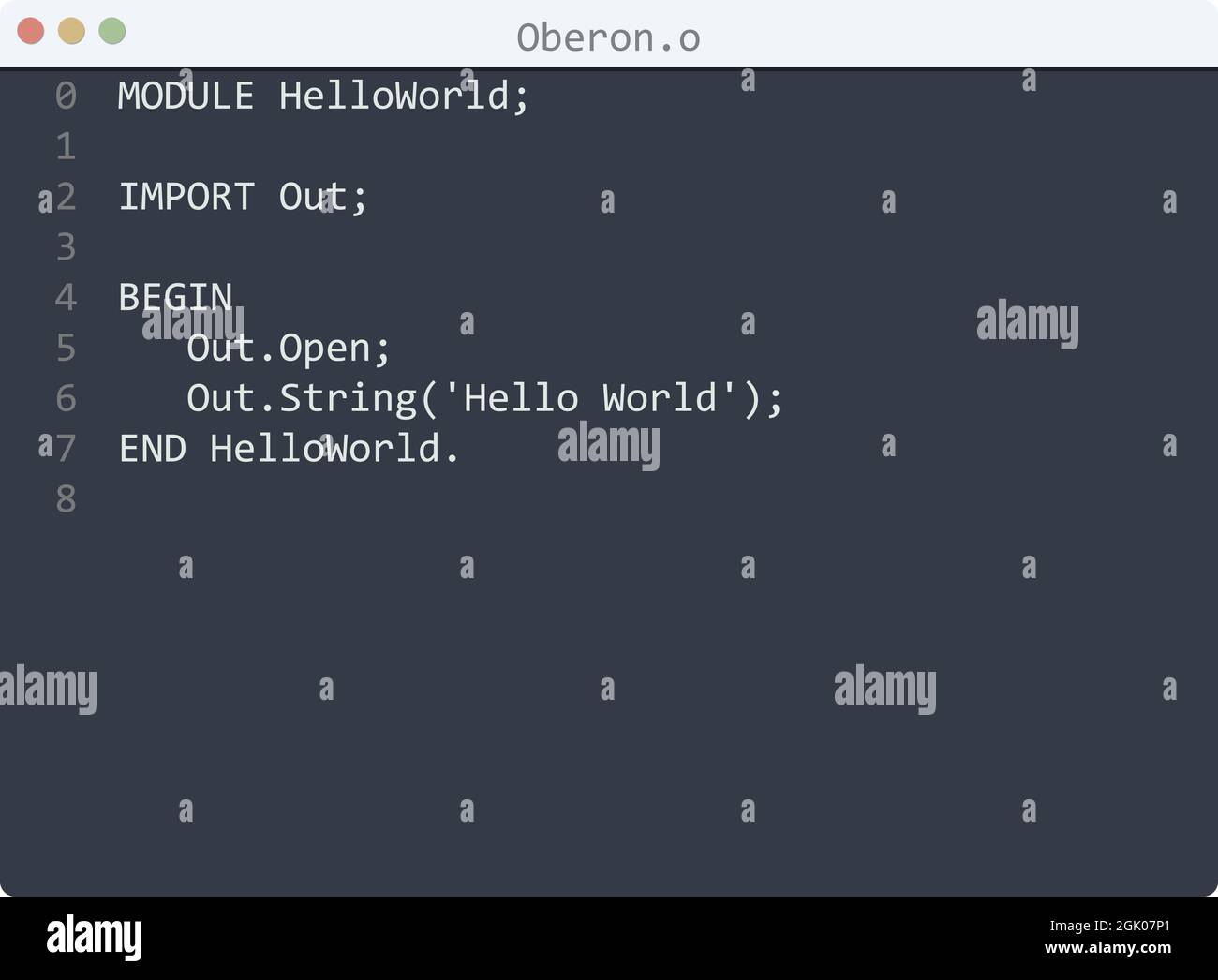 Oberon language Hello World program sample in editor window illustration Stock Vector Image ...