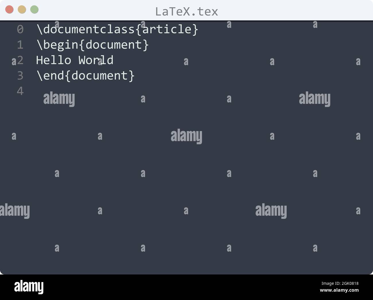 Latex Language Hello World Program Sample In Editor Window Illustration