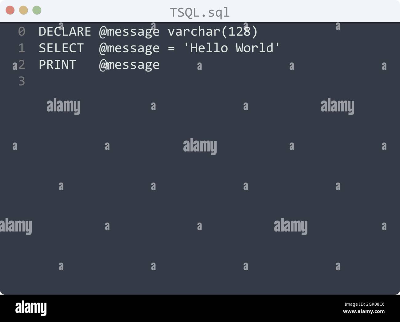 TSQL language Hello World program sample in editor window illustration ...