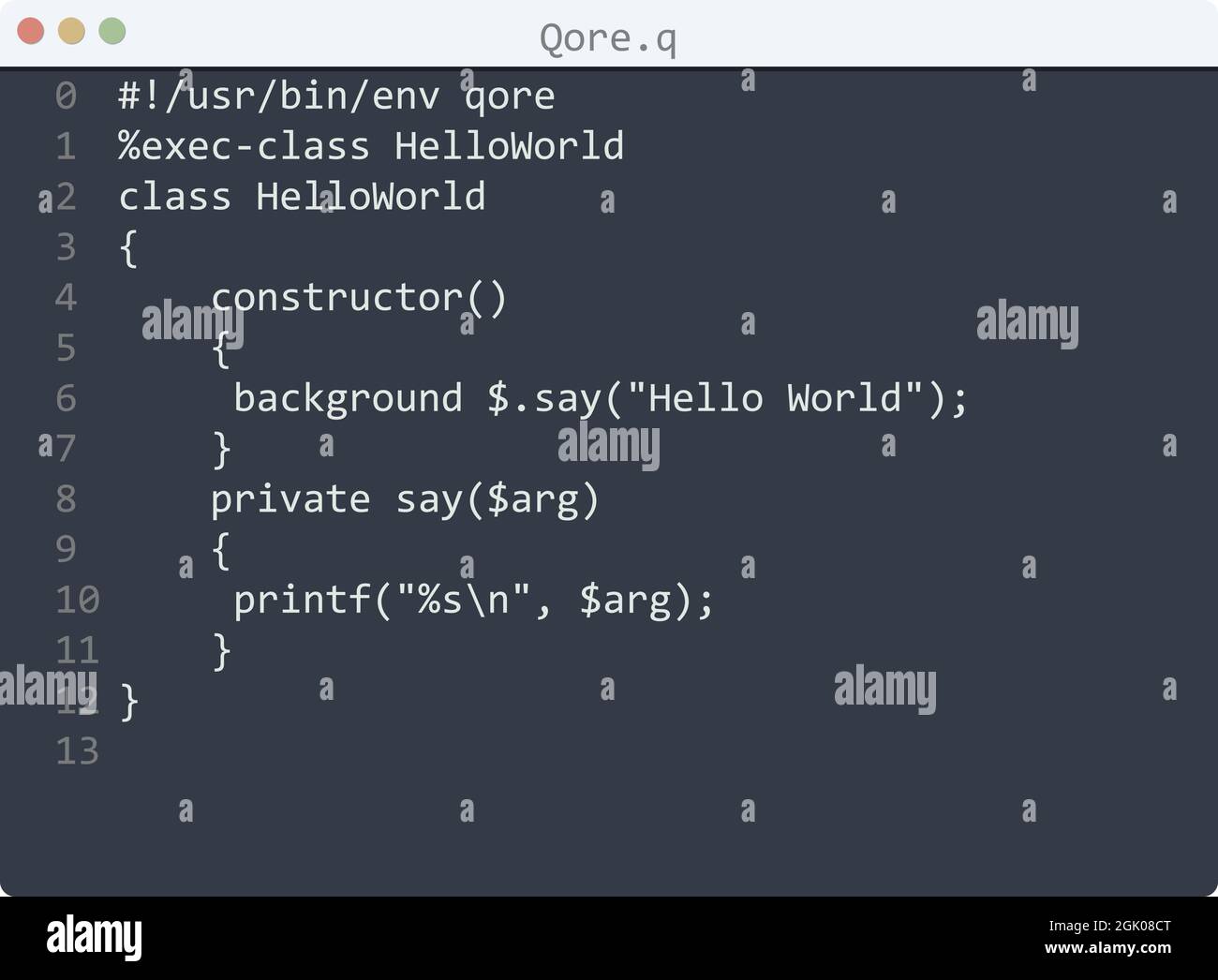 Qore language Hello World program sample in editor window illustration Stock Vector Image & Art ...