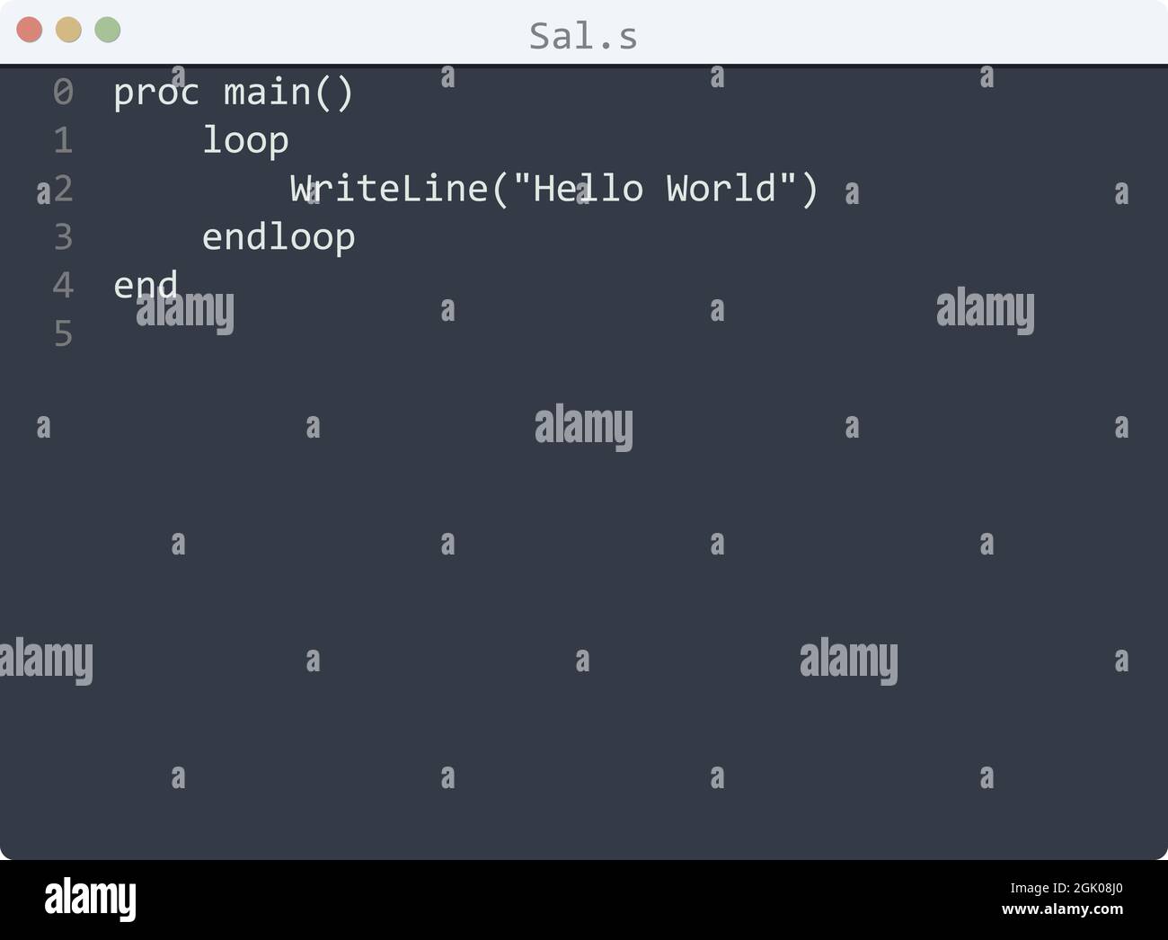 Sal language Hello World program sample in editor window illustration ...