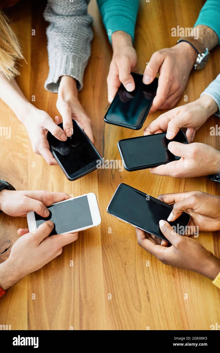 mobile phone group hand smartphone communication textin cell Stock ...