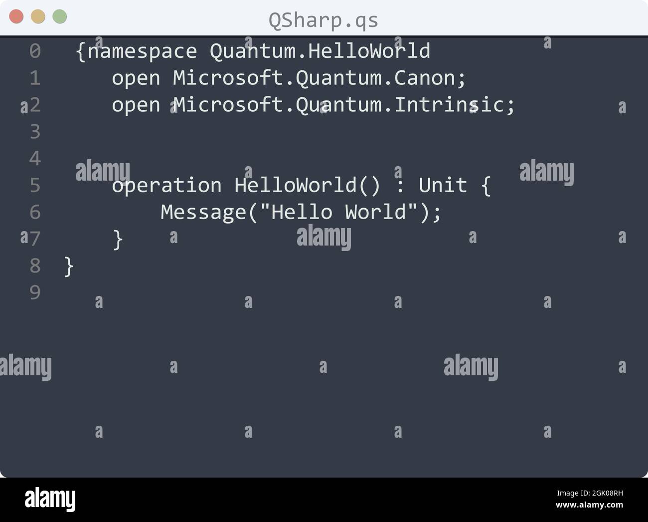 QSharp language Hello World program sample in editor window illustration Stock Vector Image ...