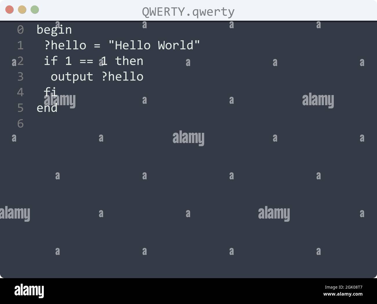 QWERTY language Hello World program sample in editor window illustration Stock Vector Image ...