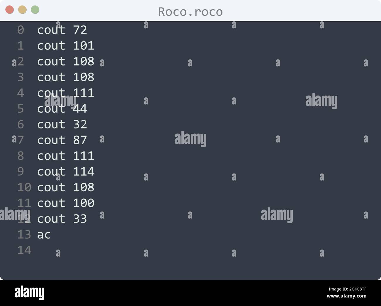 Roco language Hello World program sample in editor window illustration ...