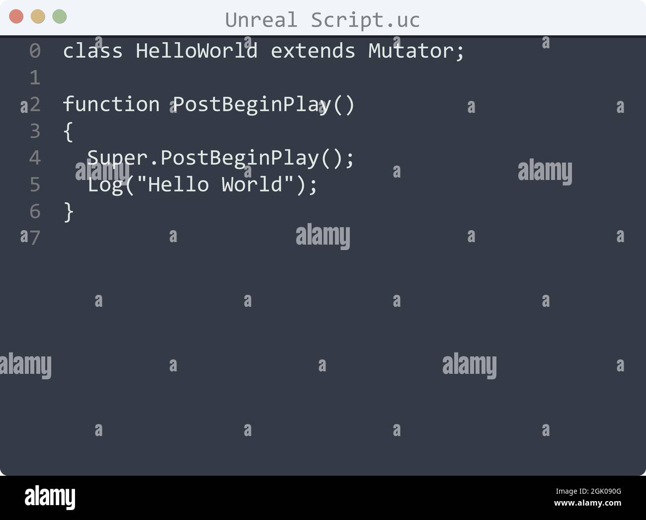 Unreal Script language Hello World program sample in editor window illustration Stock Vector ...