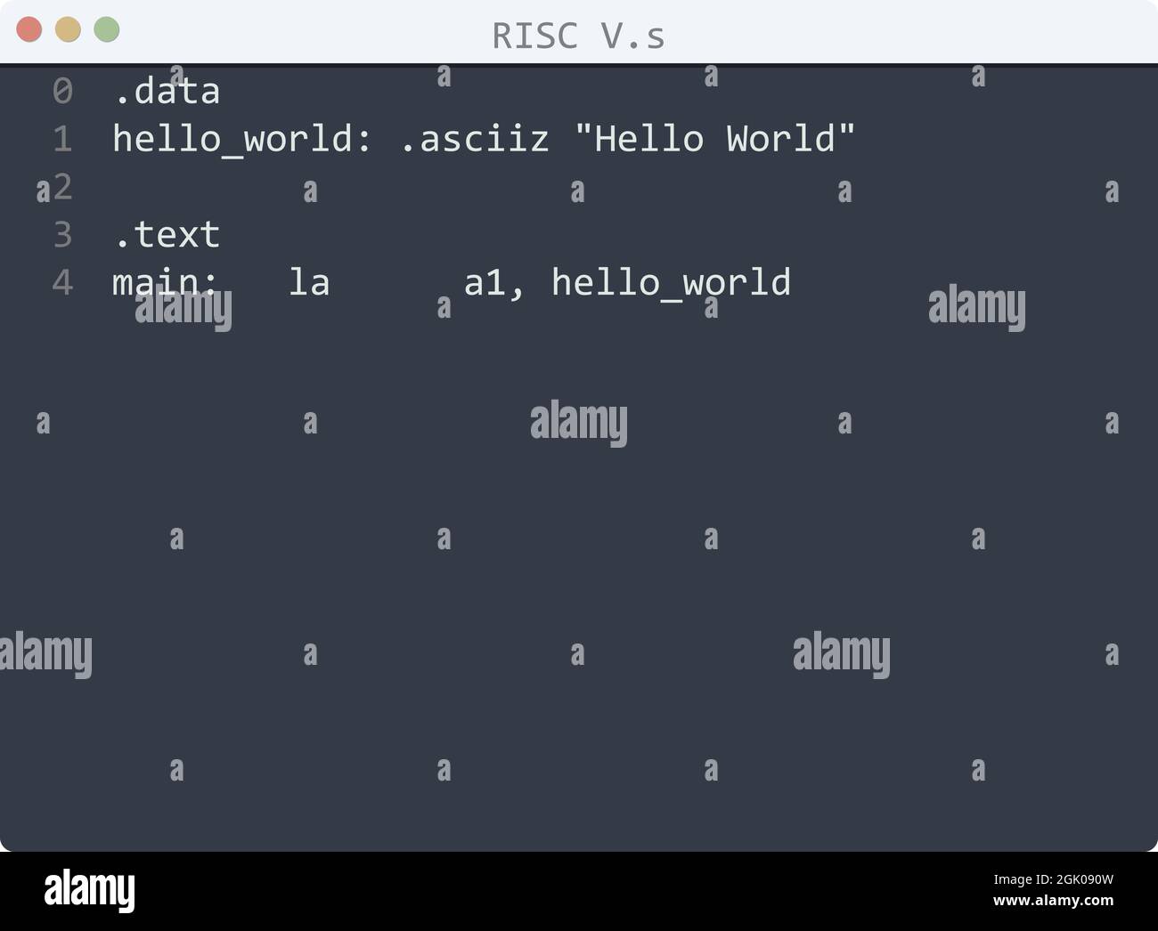 RISC V language Hello World program sample in editor window ... RISC V language Hello World program sample in editor window ...