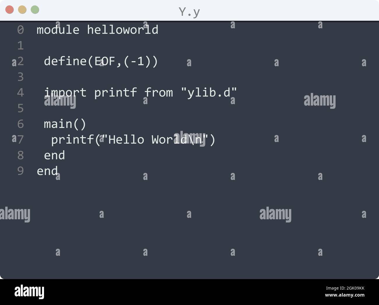 Y language Hello World program sample in editor window illustration Stock Vector Image & Art - Alamy
