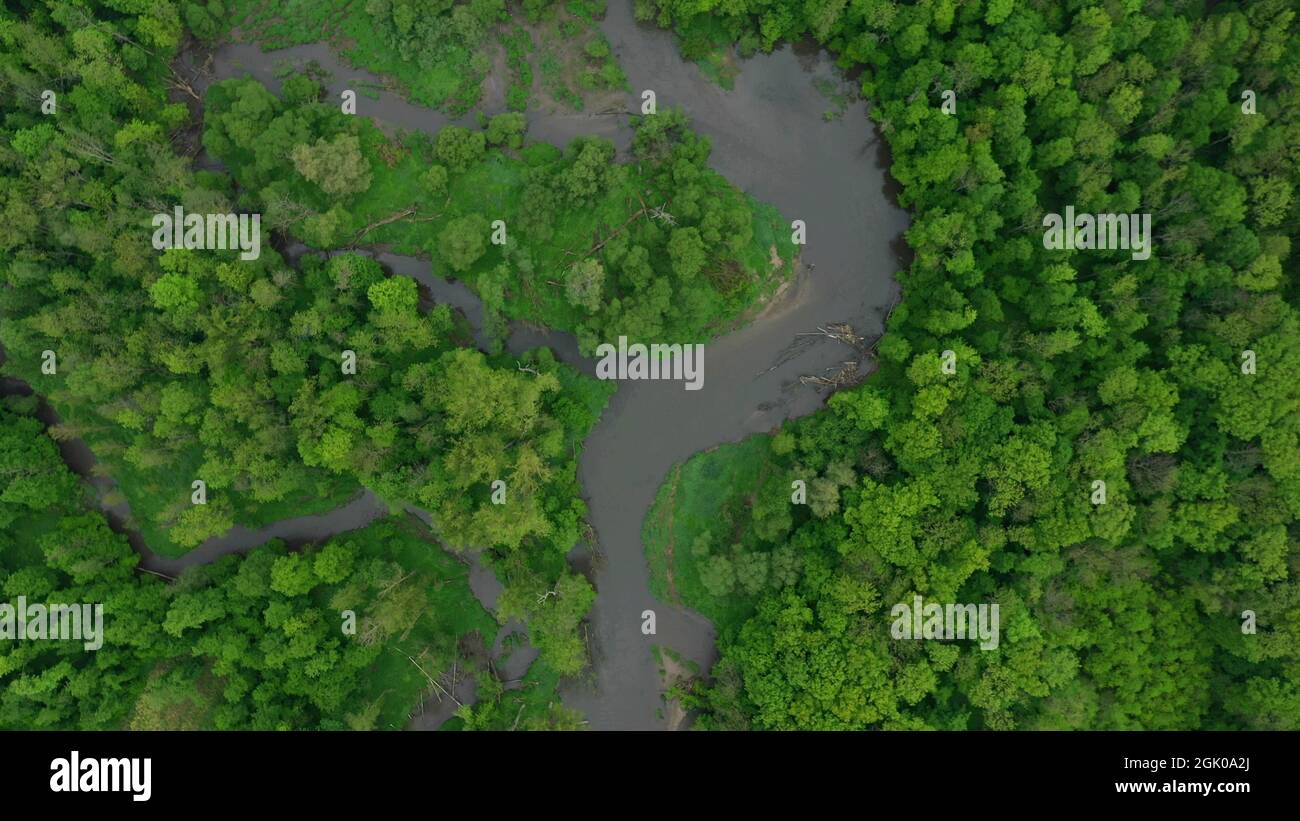 Inland river delta river meander dron aerial video shot in floodplain ...