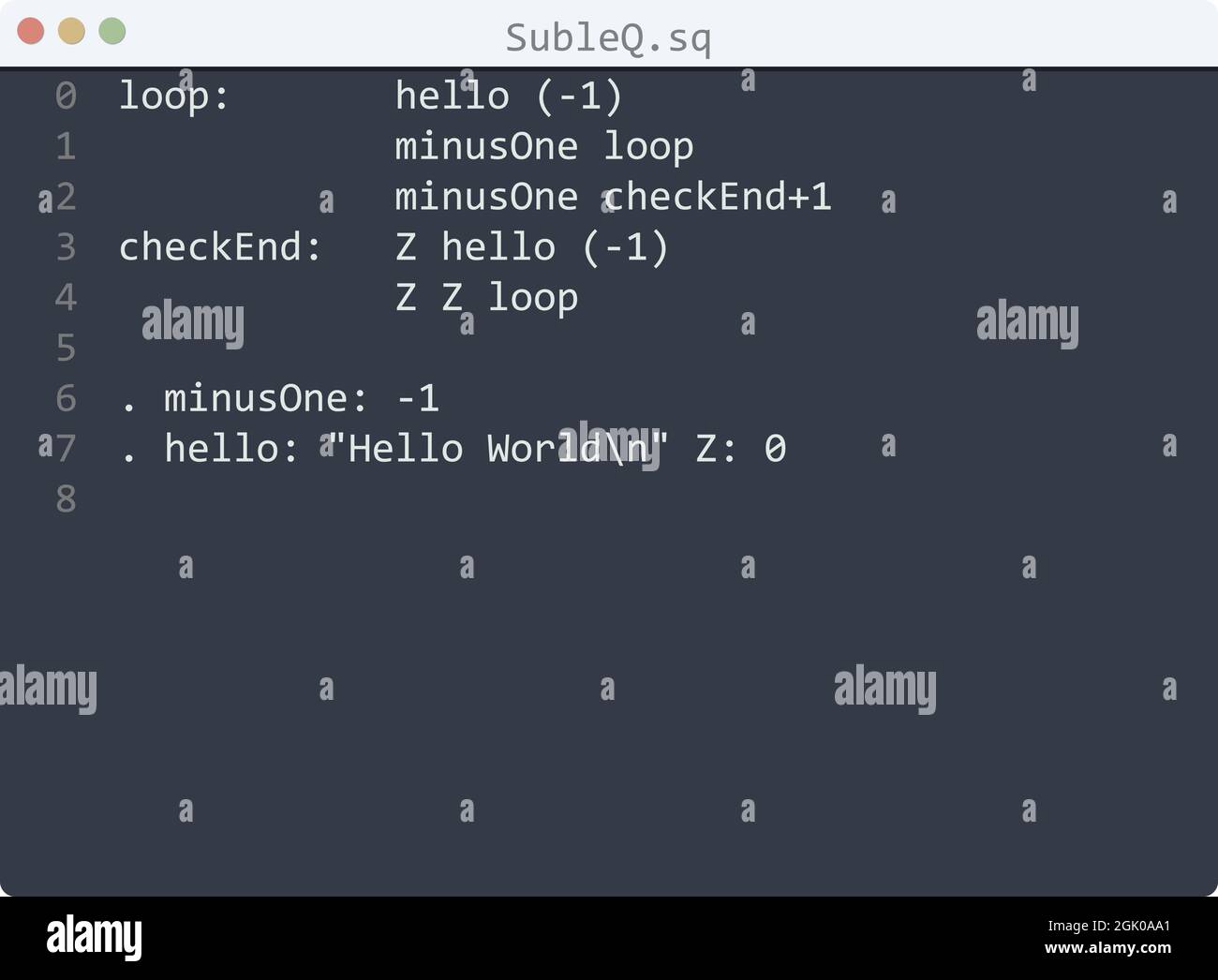 SubleQ language Hello World program sample in editor window illustration Stock Vector Image ...
