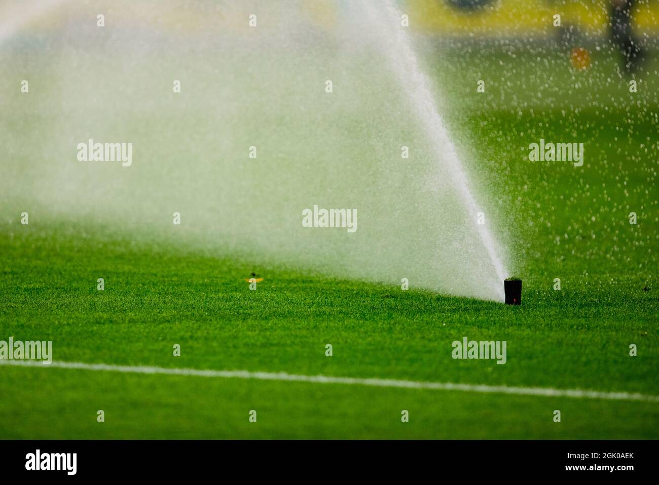 Details with lawn sprinklers on the pitch of a soccer stadium Stock ...
