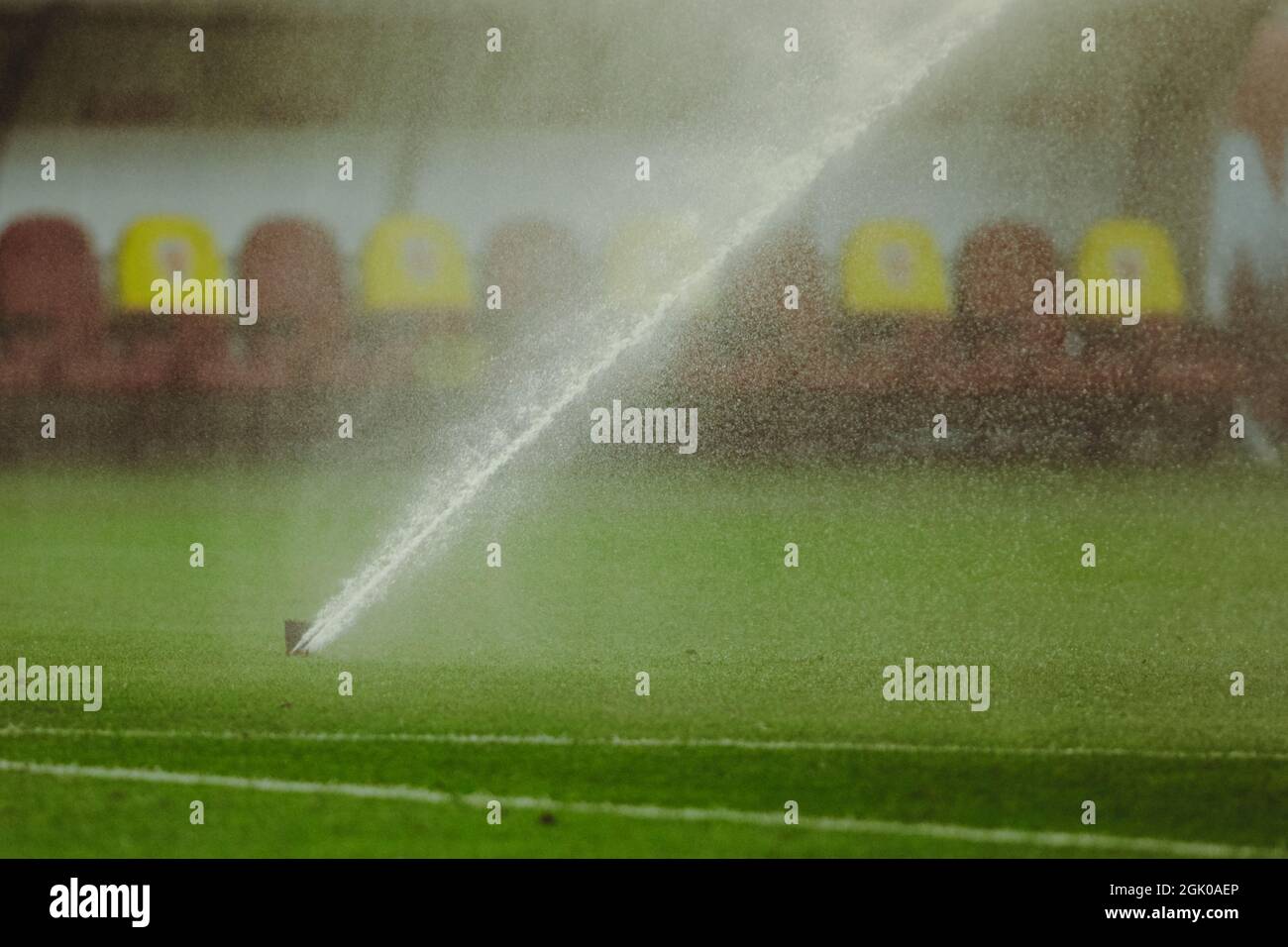 Details with lawn sprinklers on the pitch of a soccer stadium Stock ...