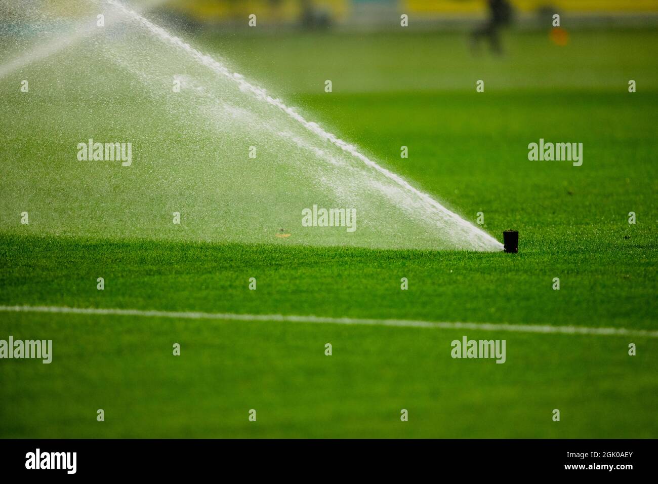 Details with lawn sprinklers on the pitch of a soccer stadium Stock ...