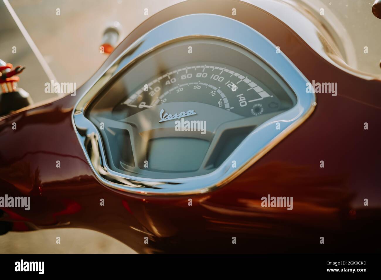 Corfu, Greece - September 2021. Dashboard of modern motor bike or ...