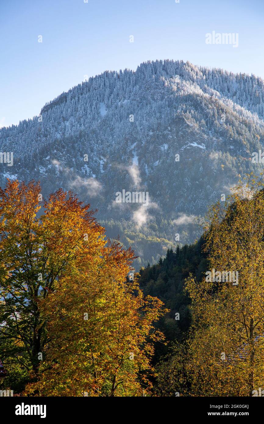 Bavarian landscape with snowy mountain and autumnal colored trees Stock ...