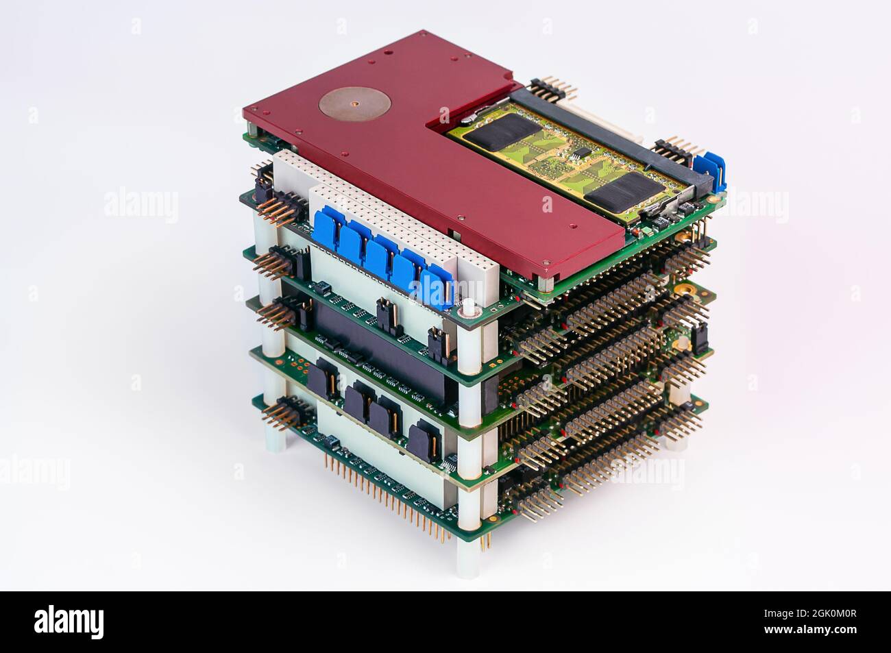 pc104 stack of rugged embedded computer boards on white background ...