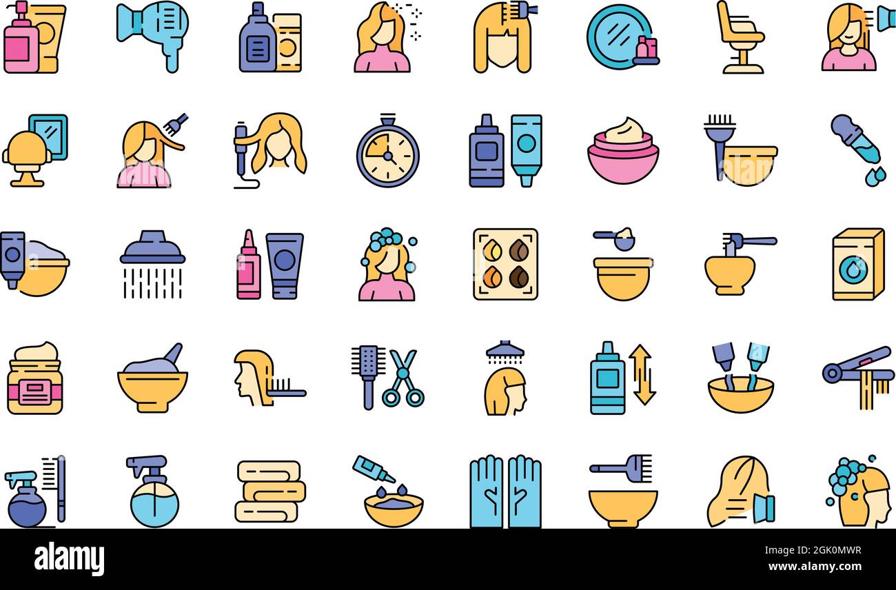 Hair colouring icons set outline vector. Fashion dye shower. Style hair ...