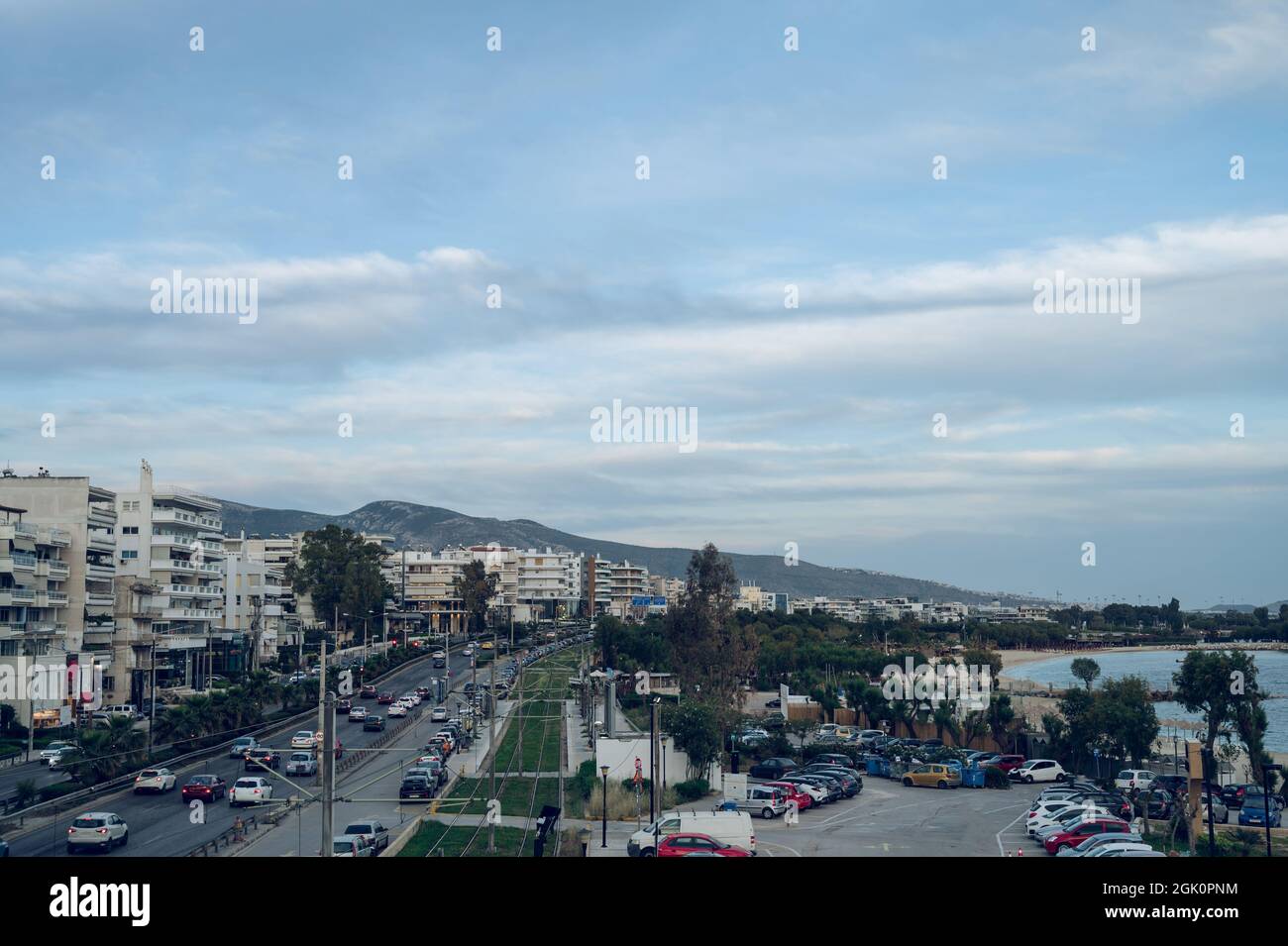 Cityscape of Athens, Greece. Top view from above of road and sea shore ...