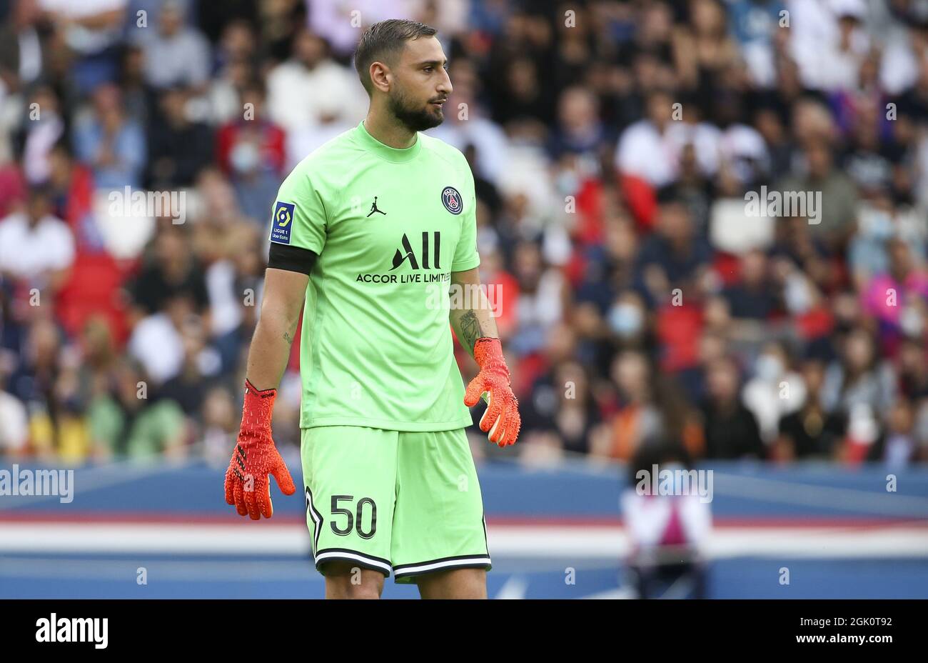 Goalkeeper of PSG Gianluigi Donnarumma during the French championship ...