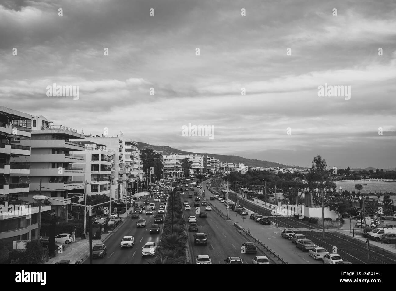 Cityscape of Athens, Greece. Top view from above of road and sea shore ...