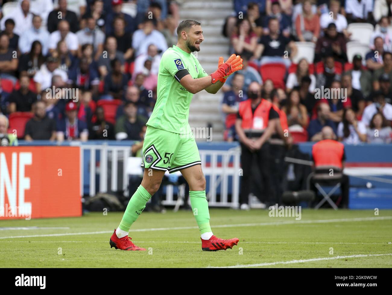 Goalkeeper of PSG Gianluigi Donnarumma during the French championship ...