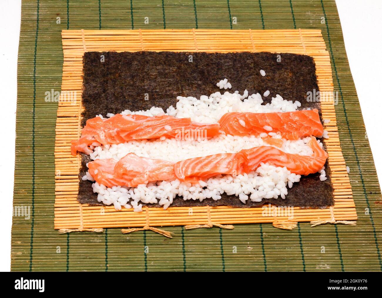 Fresh raw salmon with rice on nori algae prepared for rolling sushi ... Fresh raw salmon with rice on nori algae prepared for rolling sushi ...