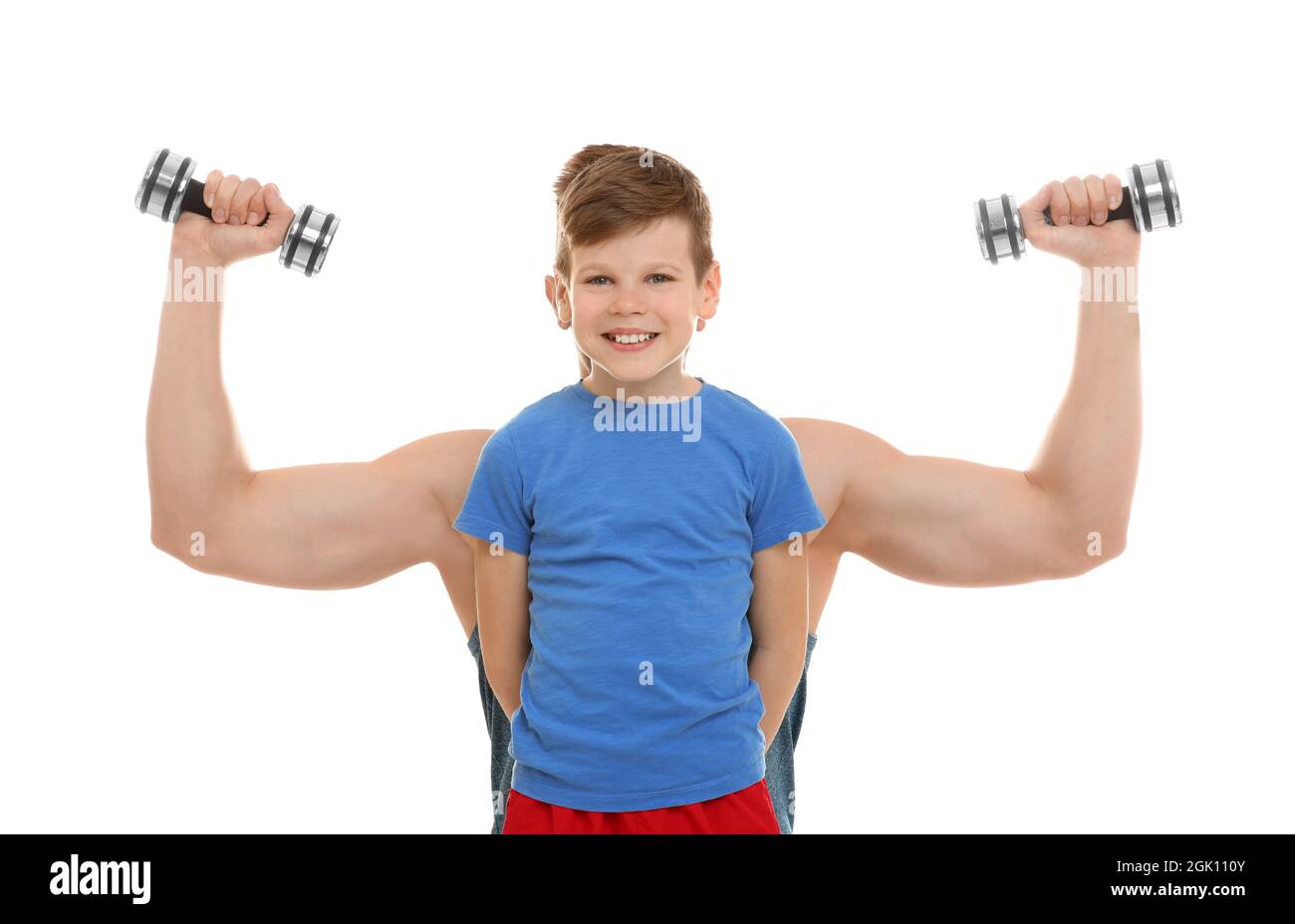Dad hiding behind son and showing muscles on white background Stock ...