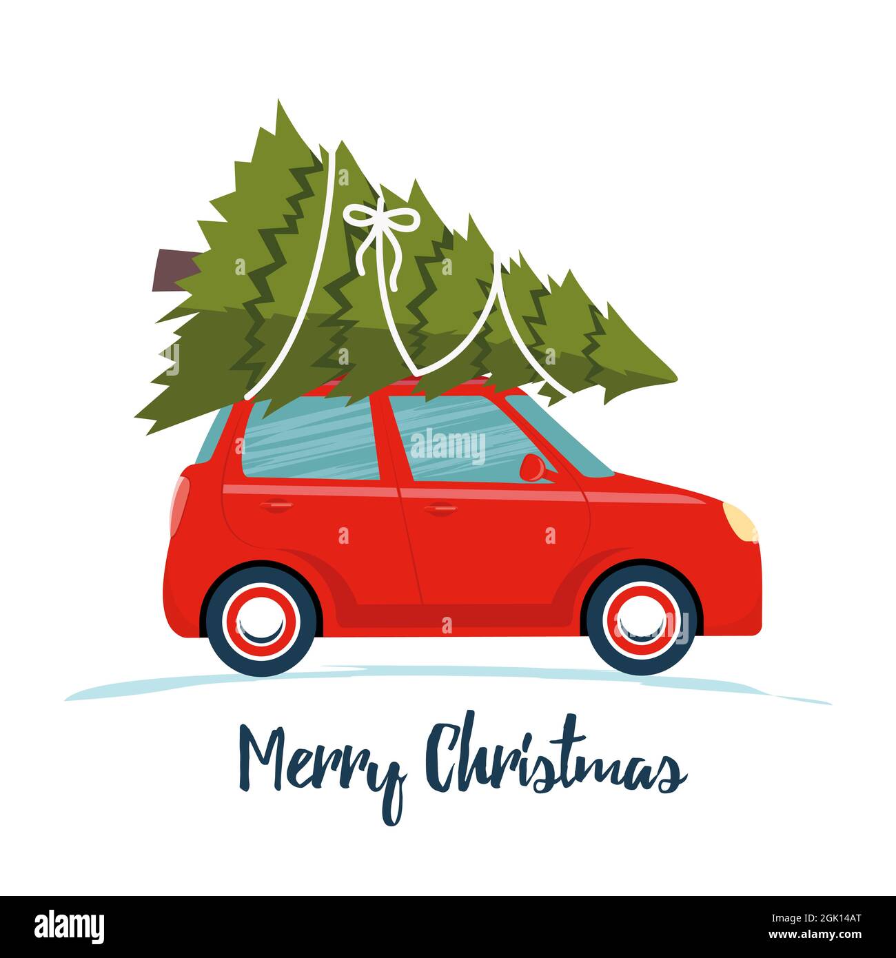 Cute red retro car with christmas tree on the roof. Merry christmas and ...