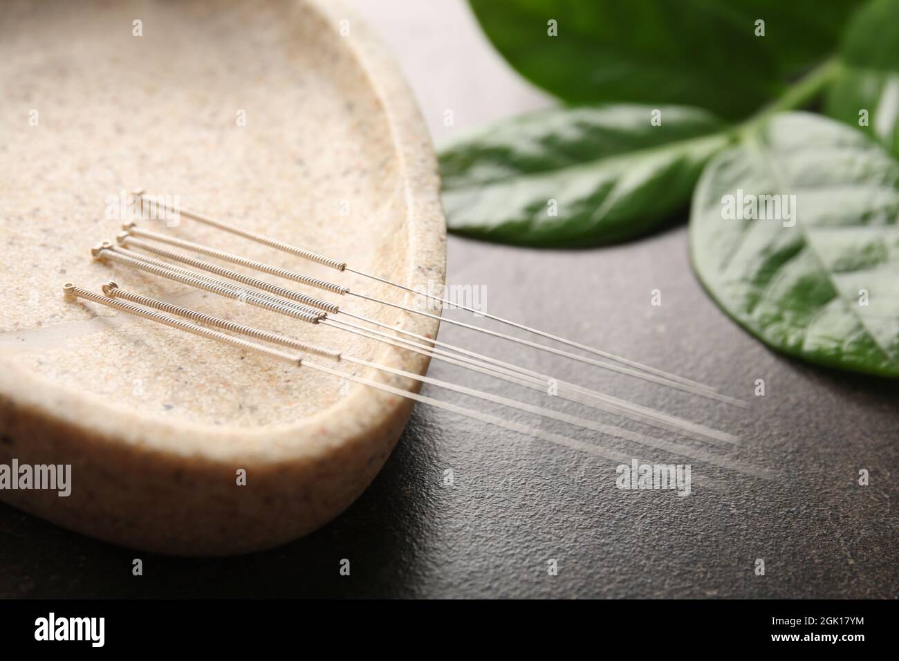 Special stand with needles for acupuncture on dark background, closeup ...