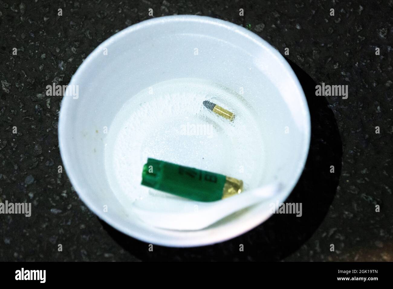 Bangkok, Thailand. 12th Sep, 2021. A 22mm bullet and rubber bullet ...
