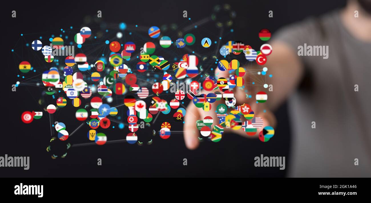 A person presenting the virtual projection of international country ...