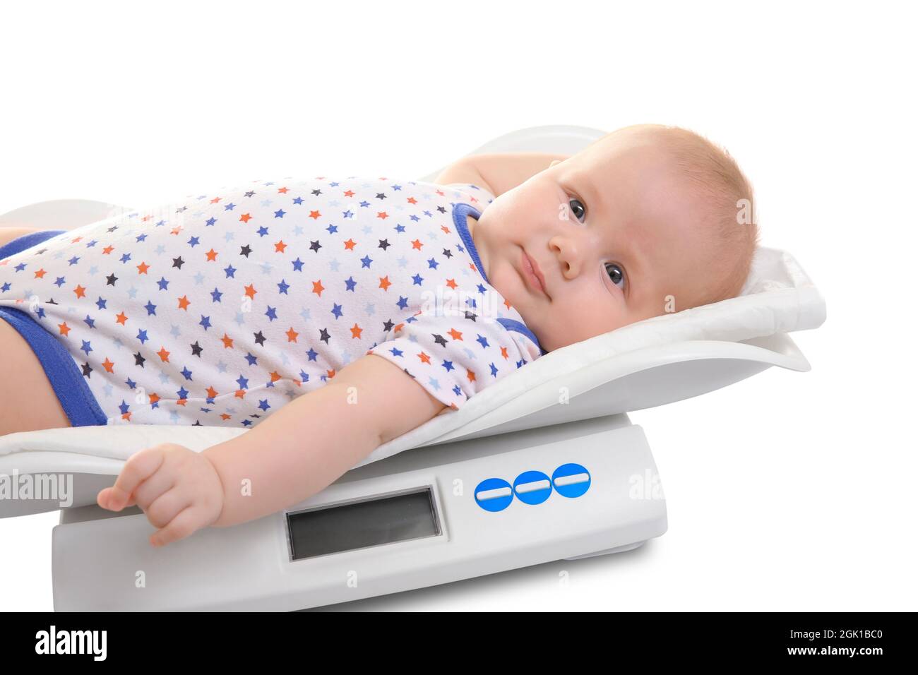 Scales with baby on white background Stock Photo - Alamy