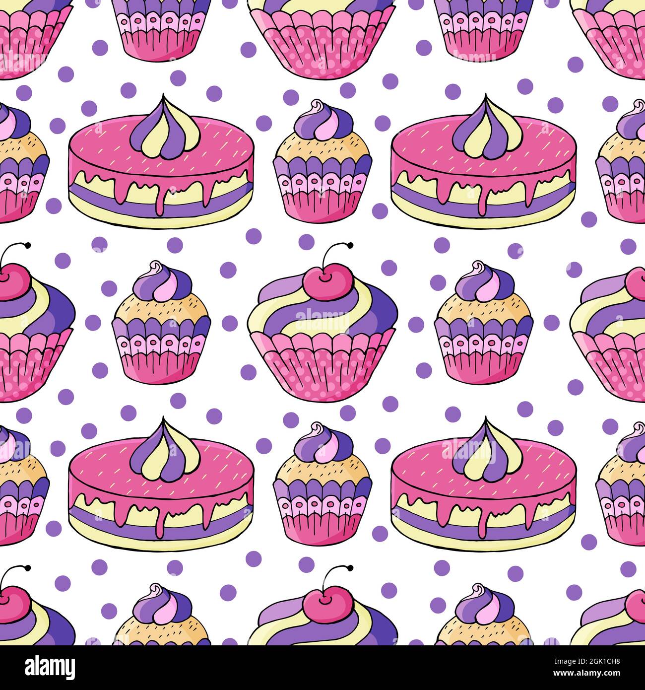 Cute muffins, cupcakes. Seamless pattern with sweet pastries. Vector ...