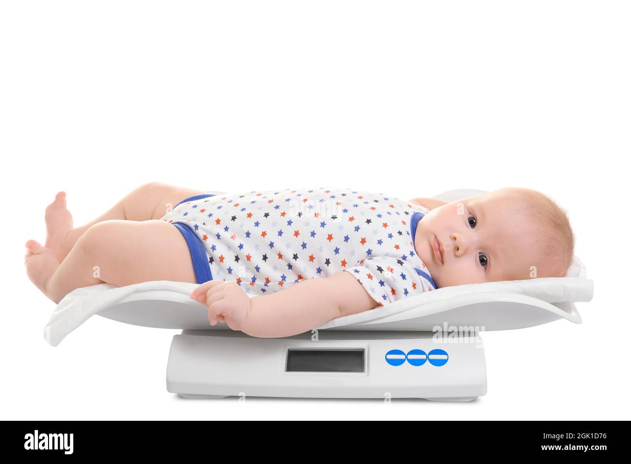 Scales with baby on white background Stock Photo - Alamy