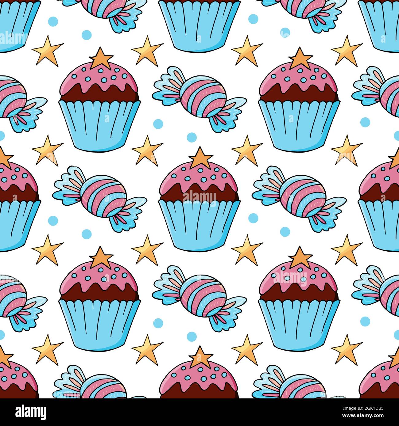 Seamless pattern with sweet pastries. Vector illustration. Cute muffins ...