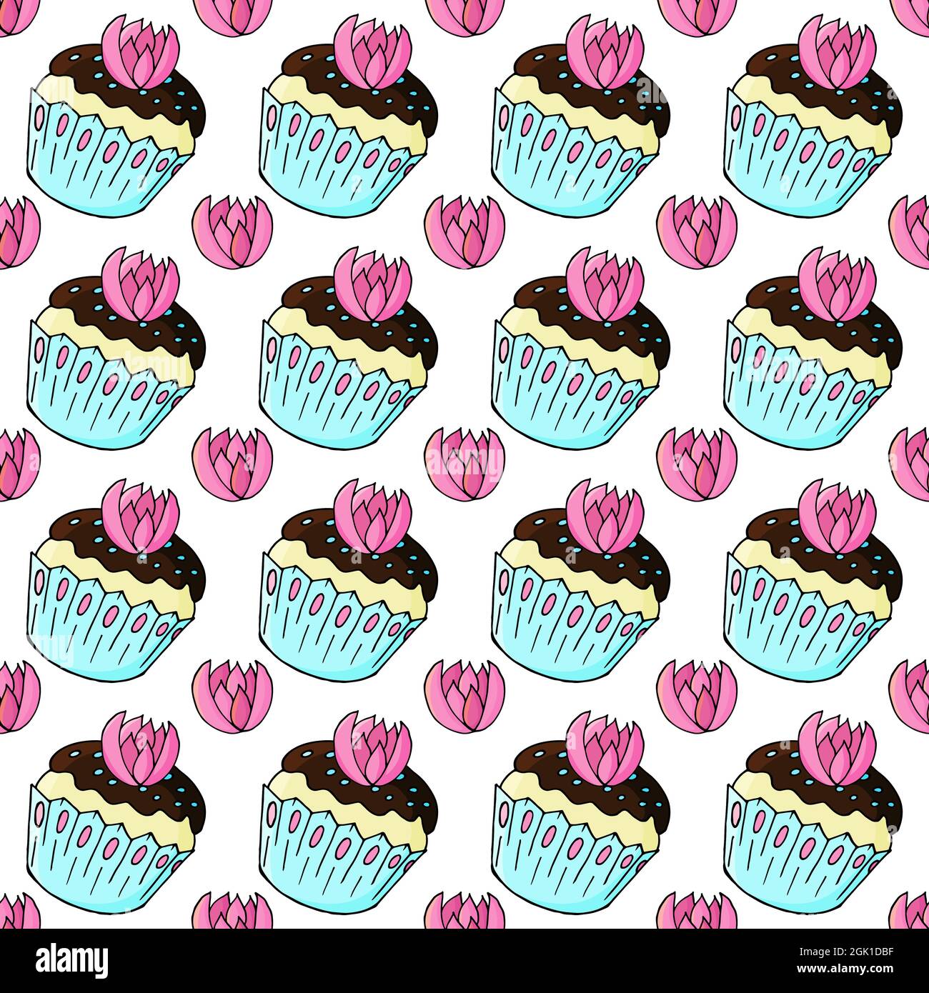 Seamless pattern with sweet pastries. Vector illustration. Cute muffins ...