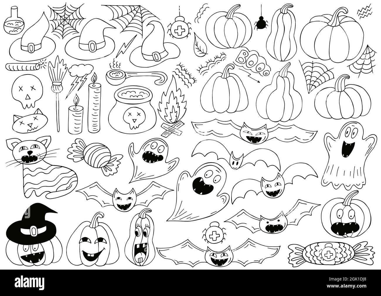 Big set of Halloween design elements in hand draw style. Pumpkins, bats ...