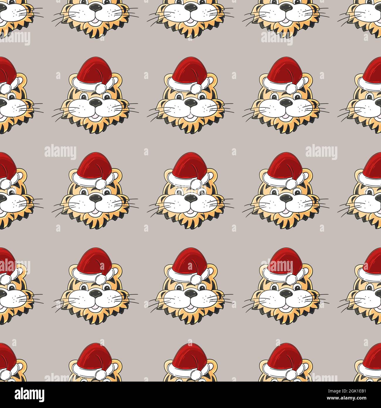 Seamless pastel pattern with tigers heads in Christmas hats. Pattern ...