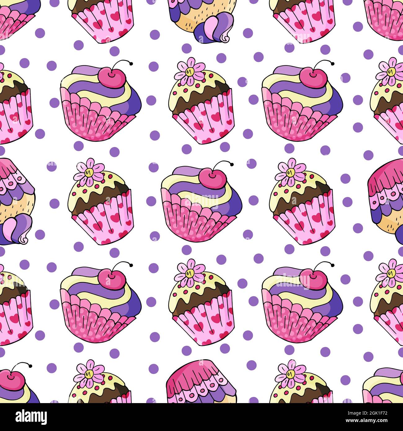 Cute muffins, cupcakes. Seamless pattern with sweet pastries. Vector illustration. Polka dot ...