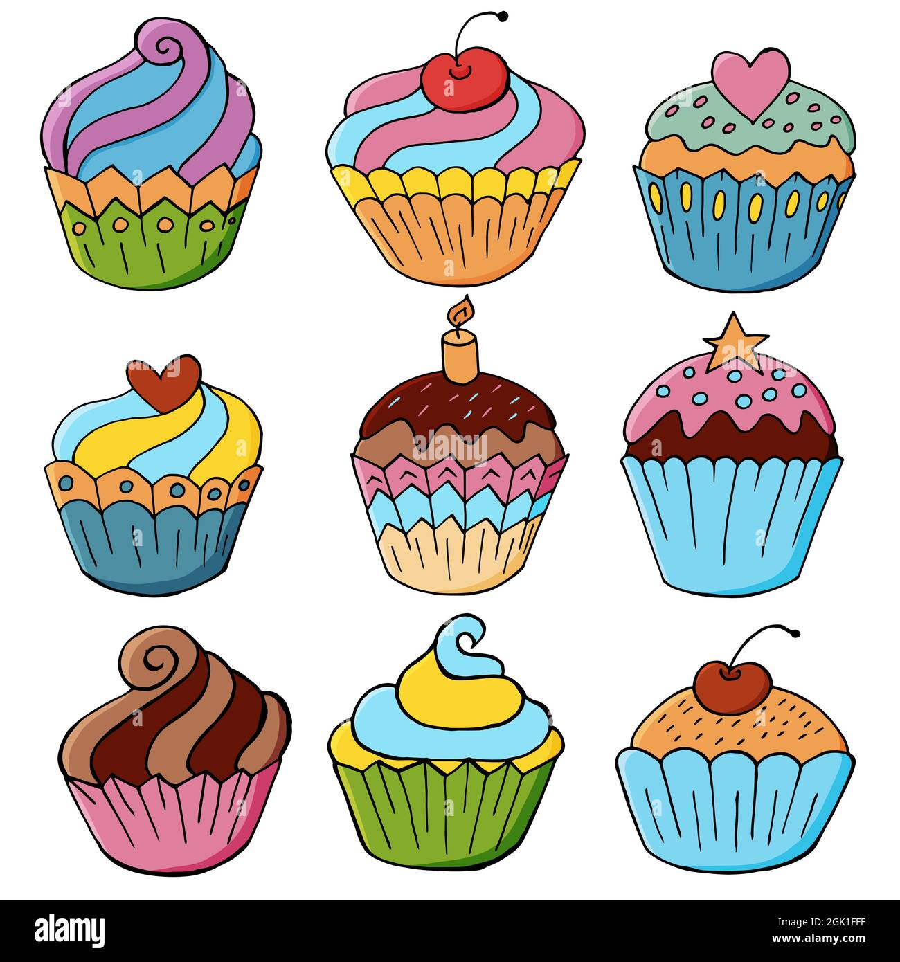 Set of icons of cupcakes, muffins in hand draw style. Collection of ...
