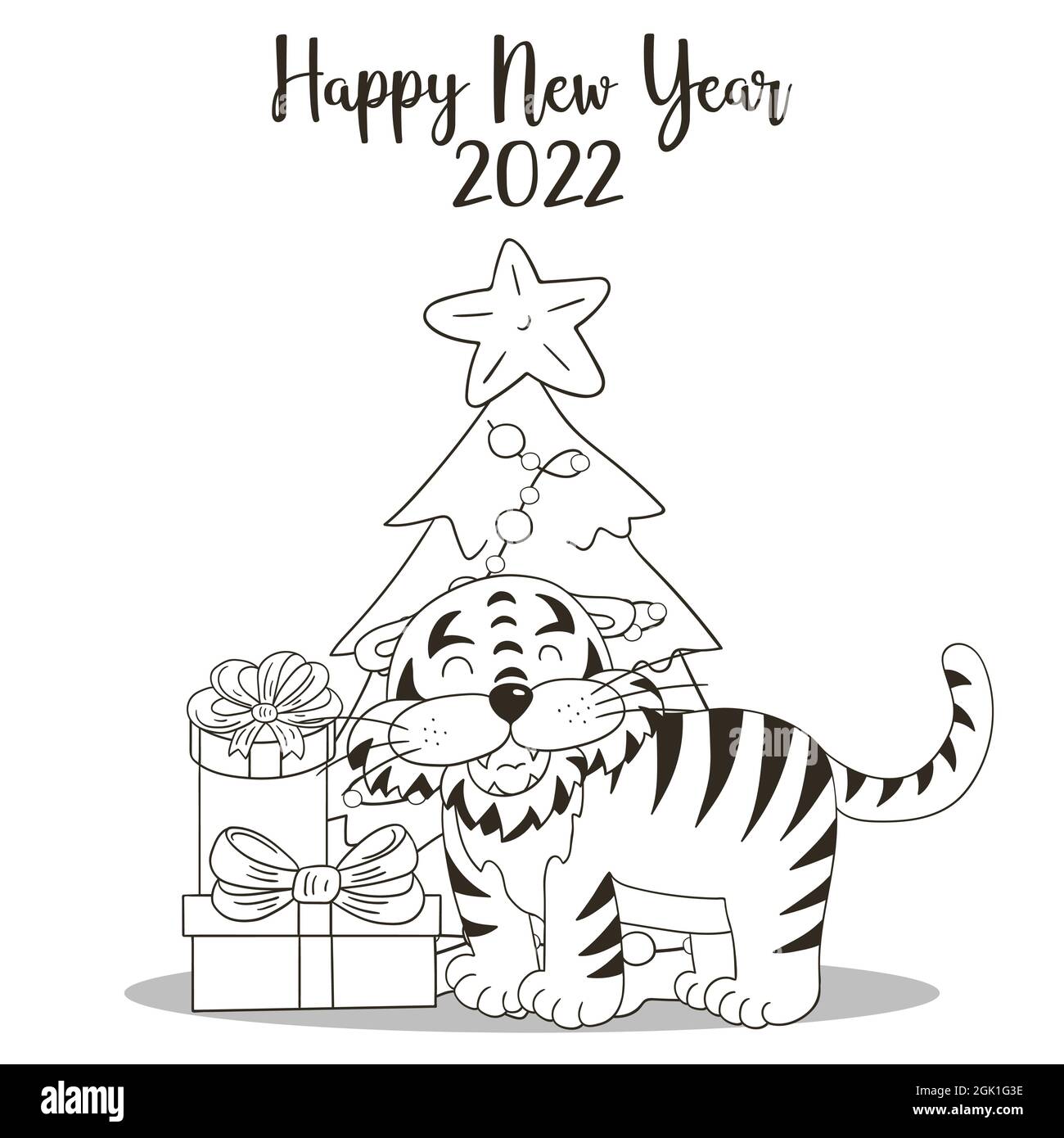 Symbol of 2022. Square New Year card in hand draw style. Christmas tree ...