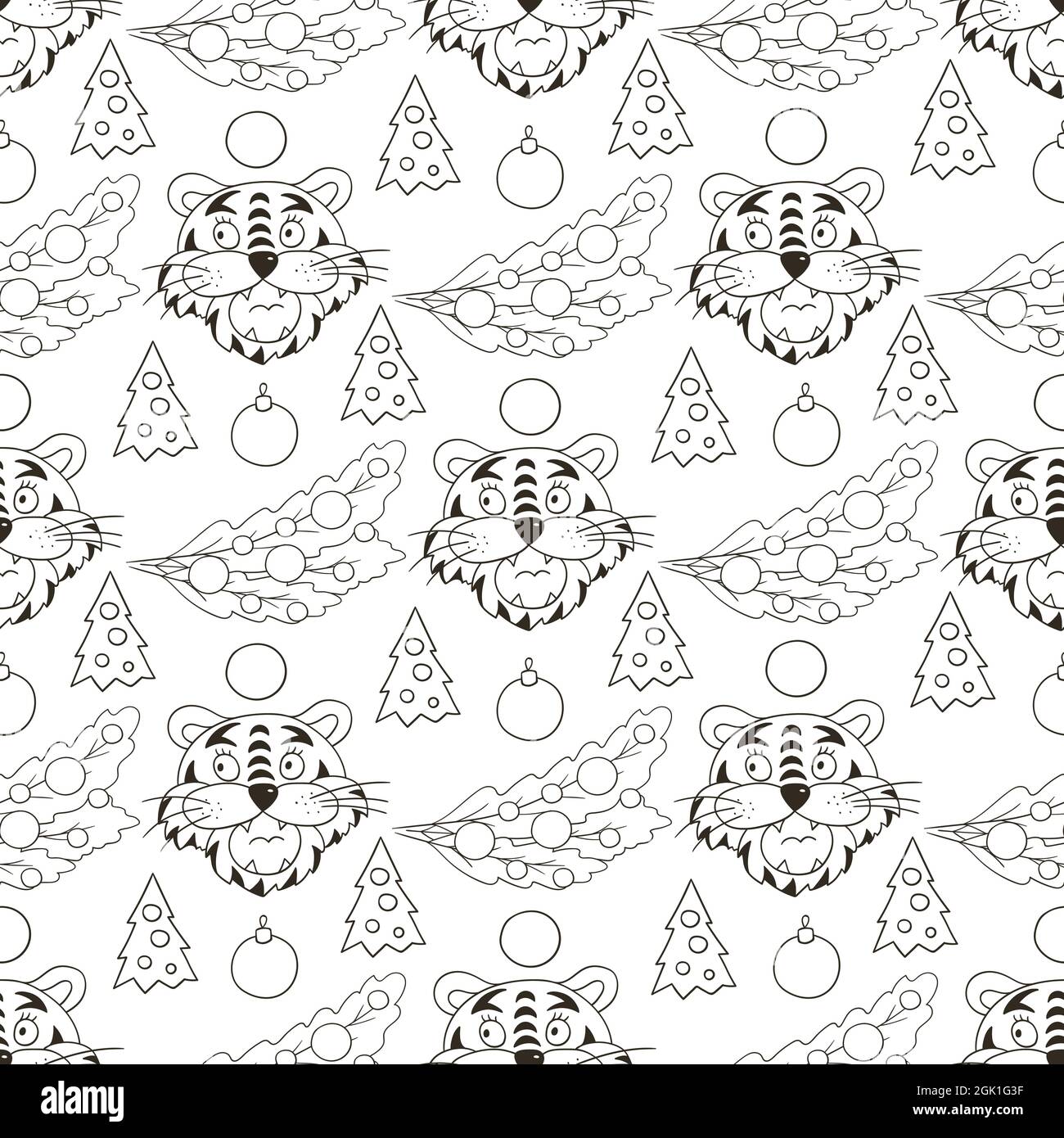 Seamless vector pattern with tiger heads, Christmas trees, Christmas ...