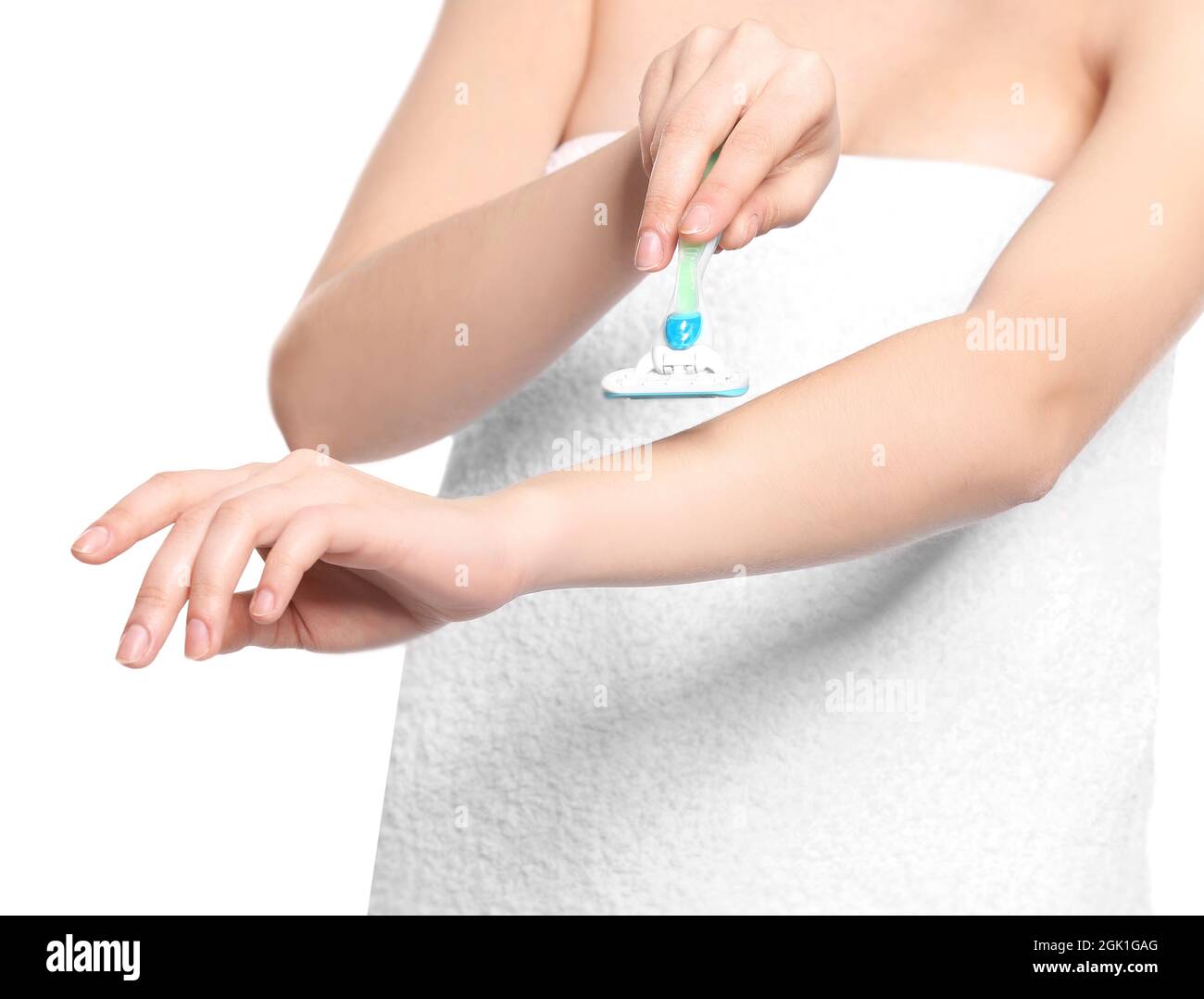 Beautiful young woman with razor on white background, closeup Stock ...