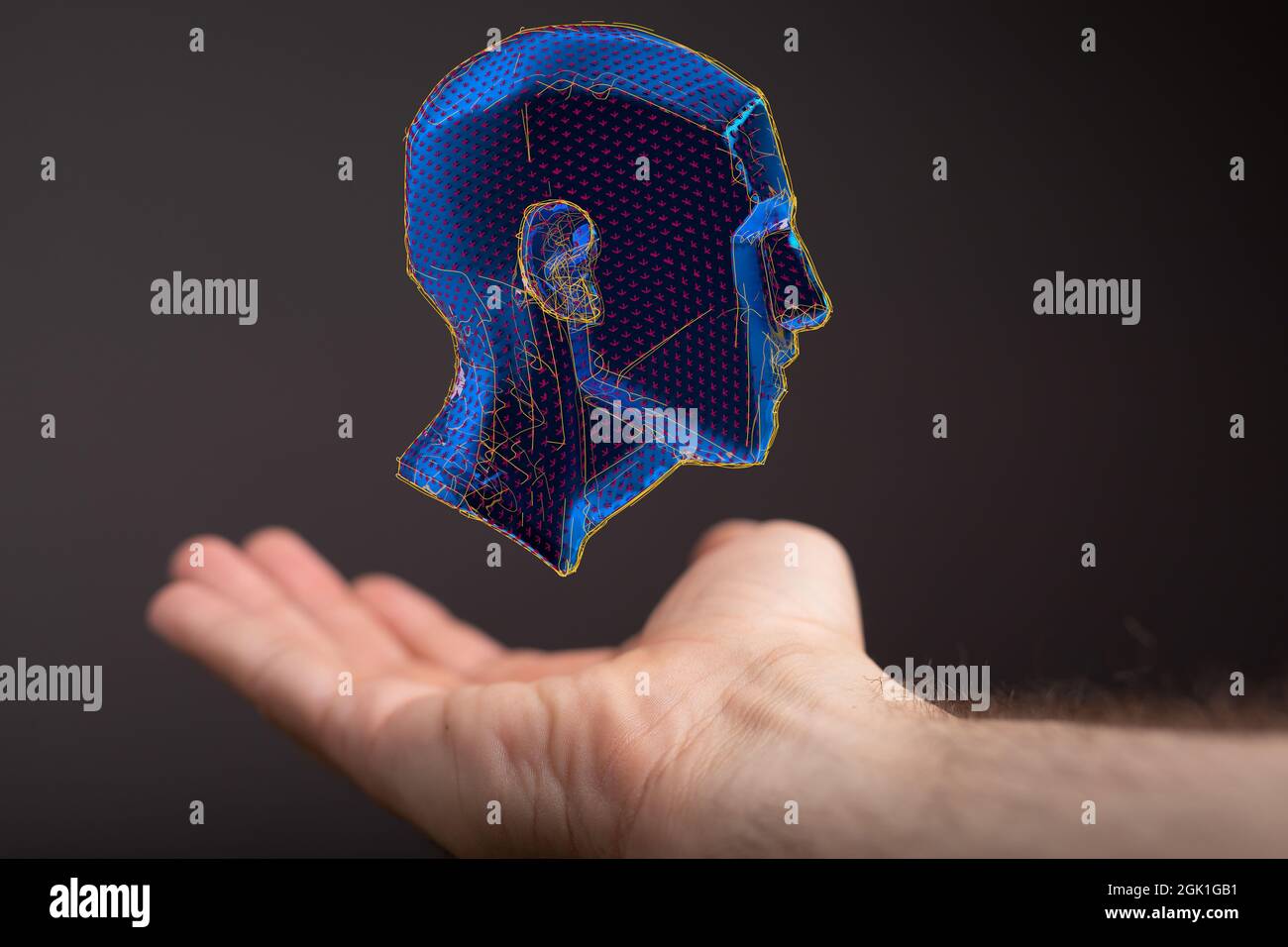 A person presenting the virtual projection of the polygonal human face ...