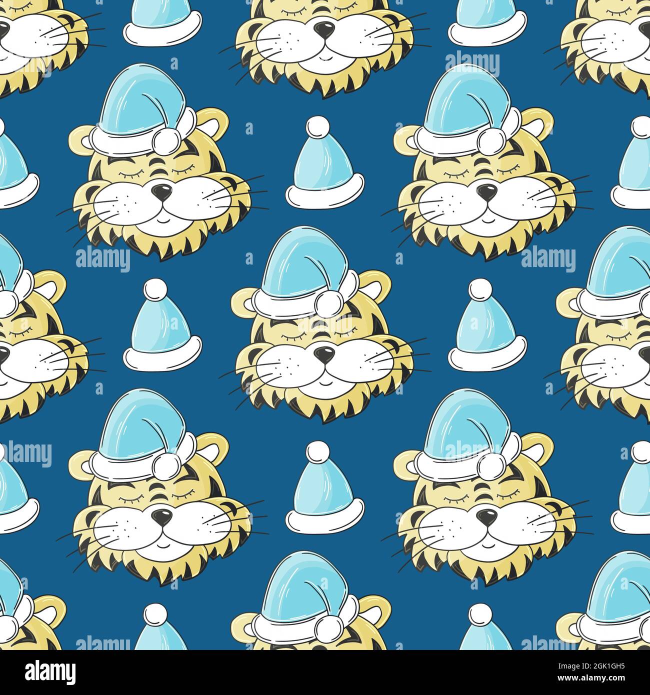 Bright Seamless pattern with tigers heads in Christmas hats. New Year's ...