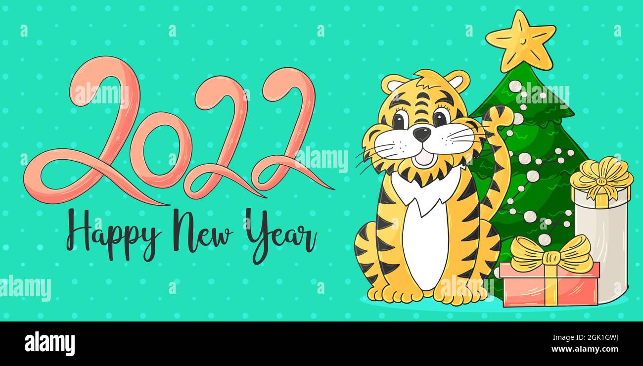 Symbol of 2022. Lettering 2022. Dark vector greeting card with a tiger ...
