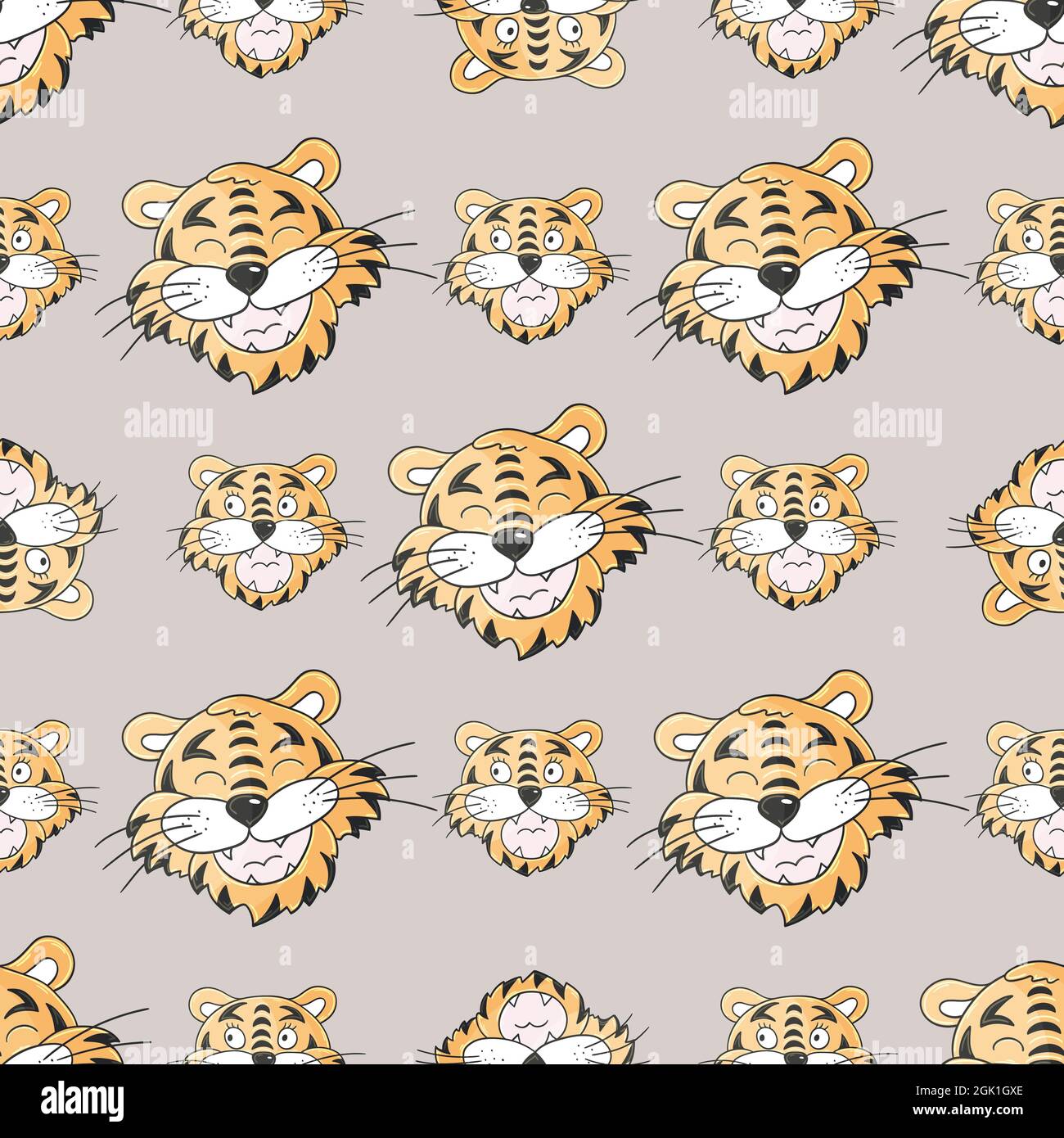 Seamless pastel pattern with tigers heads. Pattern in hand draw style ...