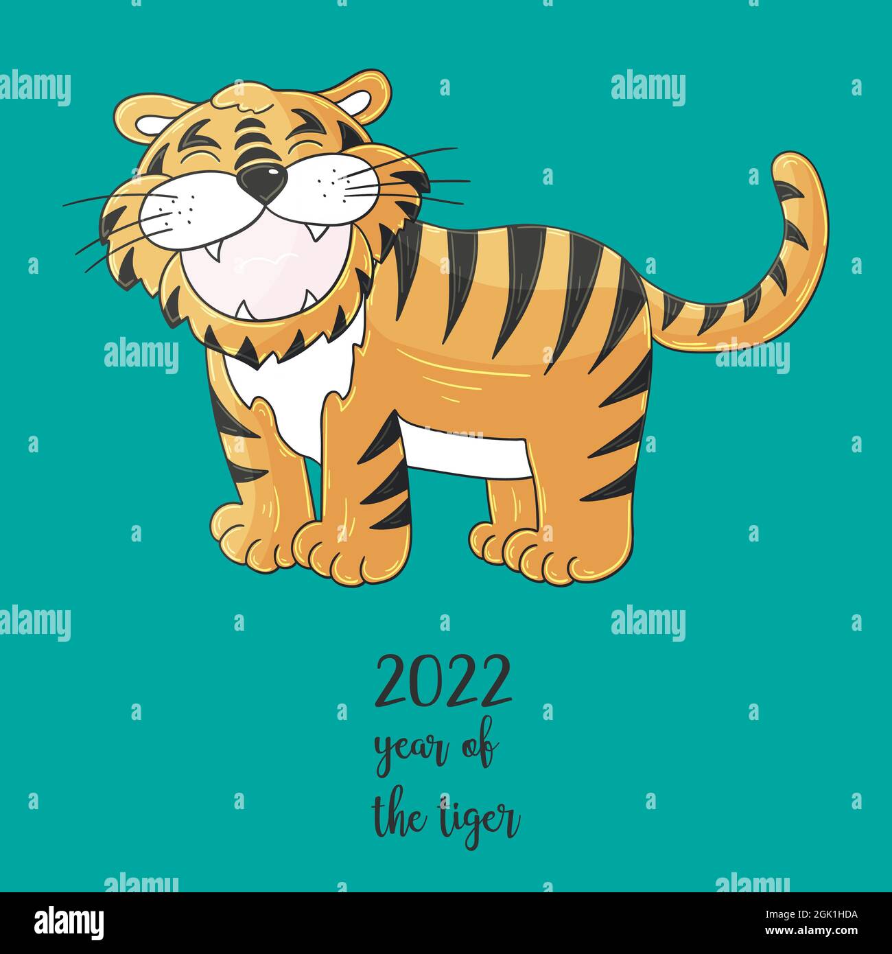 Symbol of 2022. Vector illustration with tiger in hand draw style. New ...