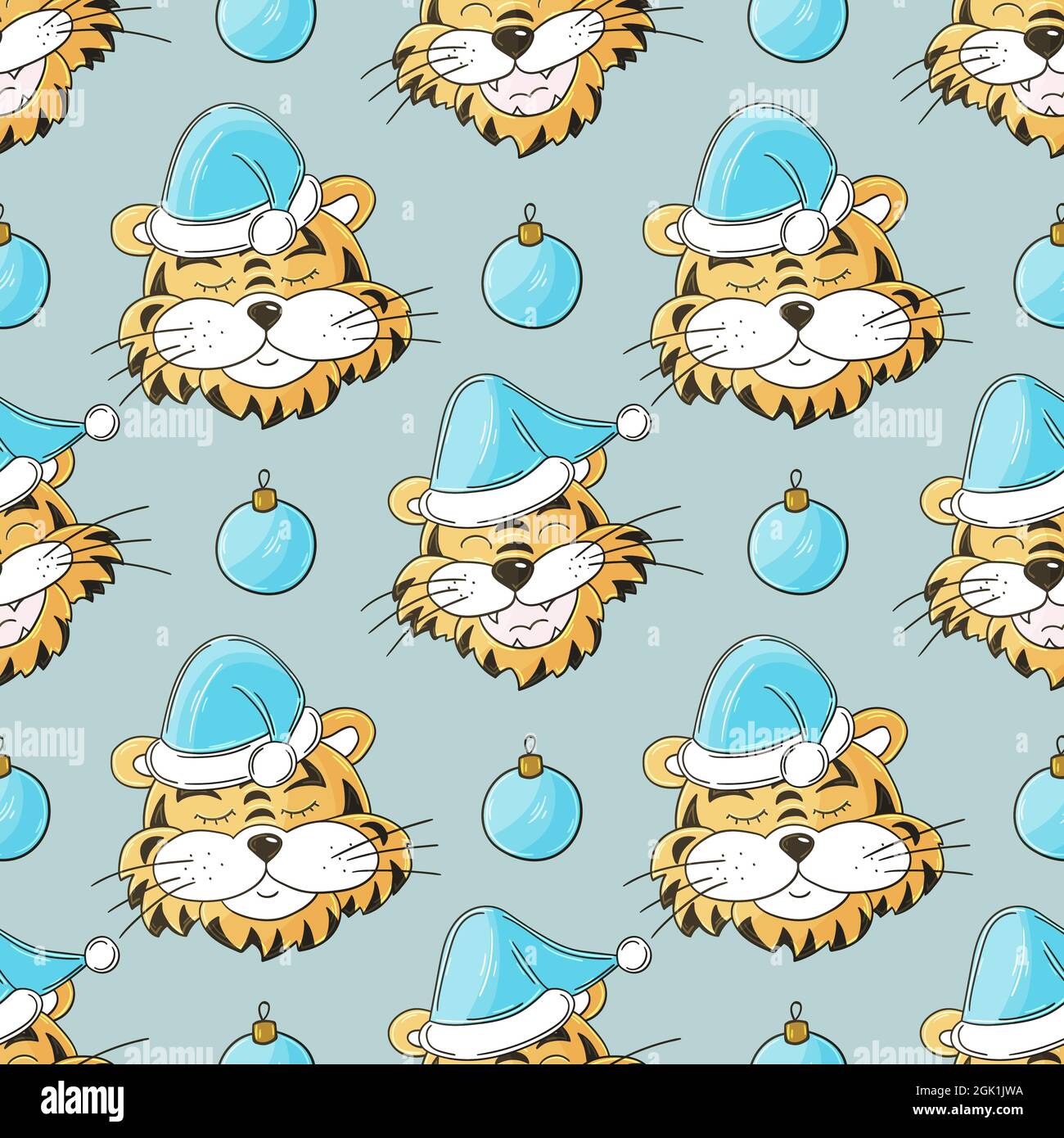 Seamless pastel pattern with tigers heads in Christmas hats. Pattern ...