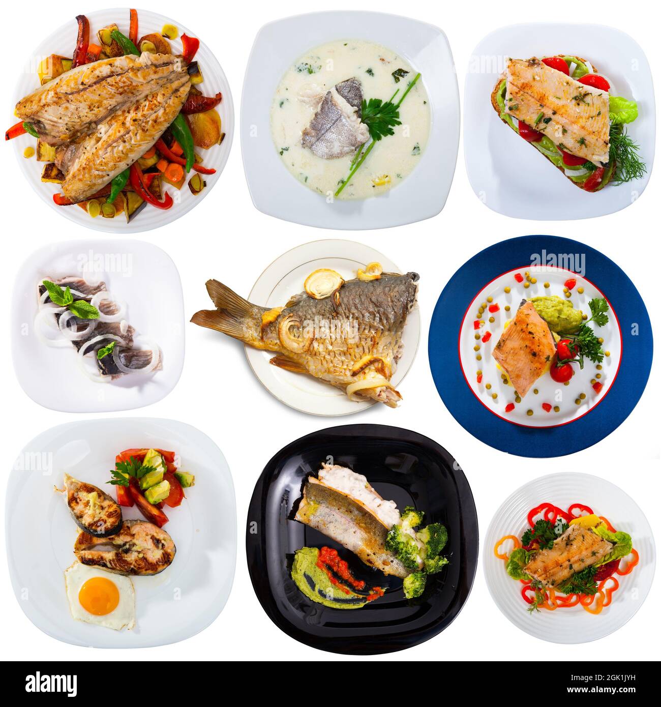 Different dishes with fish served at plates isolated on white ...